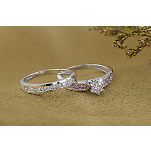 Dazzlingrock Collection Round Pink Sapphire & White Diamond Ladies Wedding Ring Set in 14K White Gold, Size 8