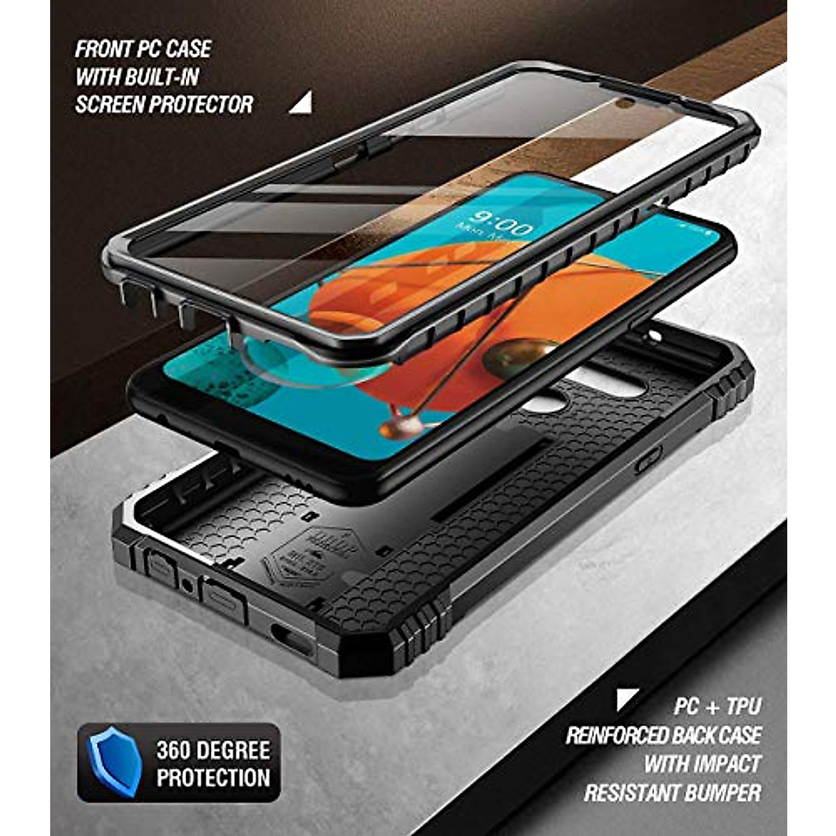 Poetic Revolution Series for LG K51 Case, LG Reflect Case, LG Q51 Case, Full-Body Rugged Dual-Layer Shockproof Protective Cover with Kickstand and Built-in-Screen Protector, Black