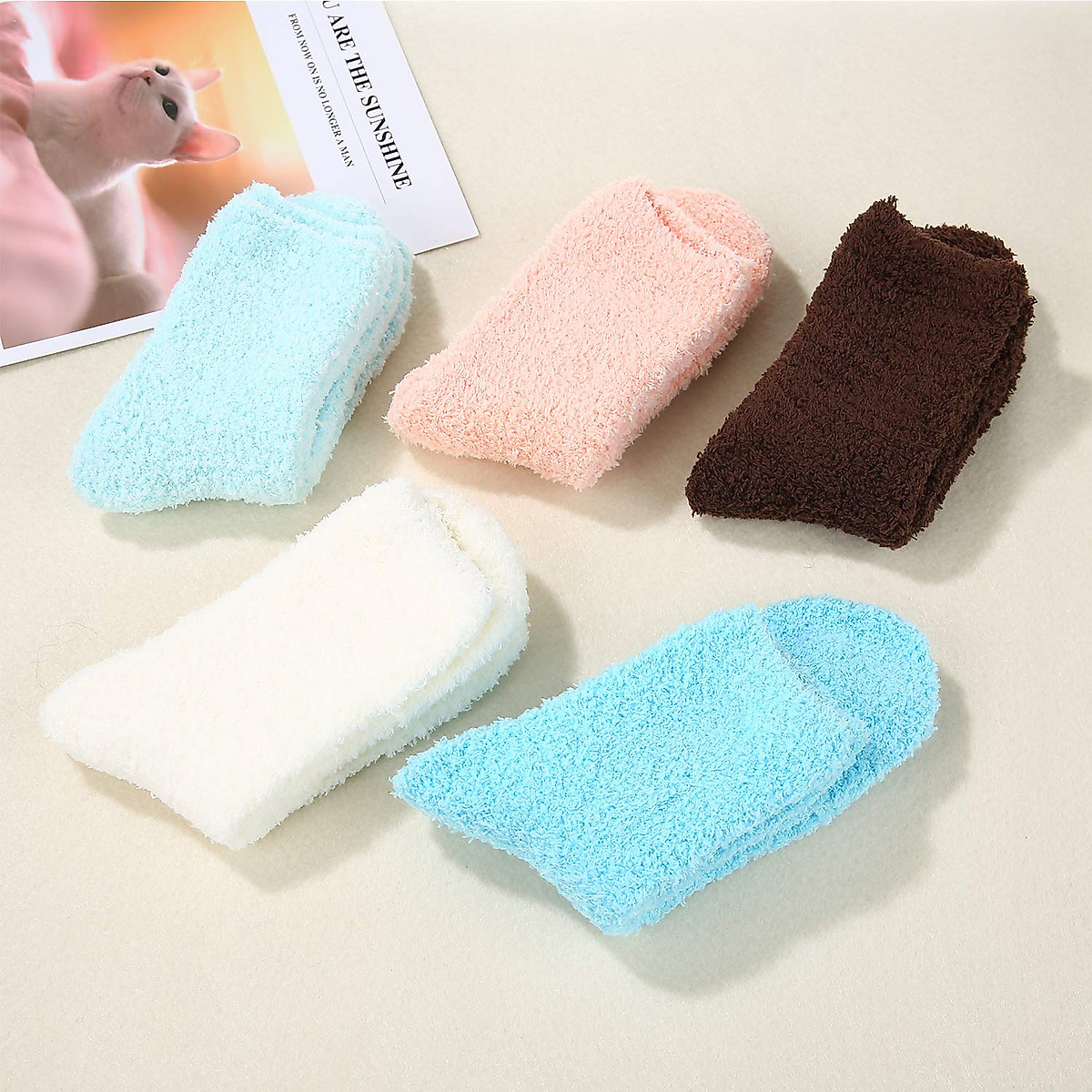 Zando Womens Winter Warm Fuzzy Fluffy Socks Casual Super Soft Crew Sock Microfiber Thick Home Sock Cozy Plush Slipper Sock 5 Pairs Vintage Solid One Size