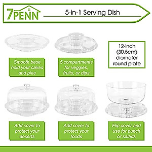 7Penn Clear Acrylic Cake Stand with Dome Cover Lid - 12in Multi-Function Cake Plate Serving Platter and Punch Bowl Set