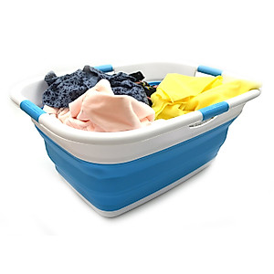SAMMART 49L(12.9 gallon) Collapsible 4 Handled Laundry Basket-Foldable Storage Container-Portable Washing Bin-Space Saving-Pet Bath Tub,Water capacity 37L(9.7 gallon) (2 pcs - Rectangular, Sky Blue)