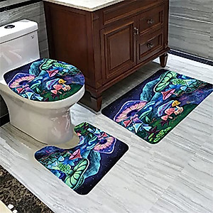 Kossmjx Mushrooms Shower Curtain Set 4 Pieces Fairy Forest Theme Fantasy Cartoon Curtain Set Girls Boys Teens Bathroom Decor Waterproof Polyester Curtains with 12 Hooks Toilet Rug Bath Mat, 70" x 70"