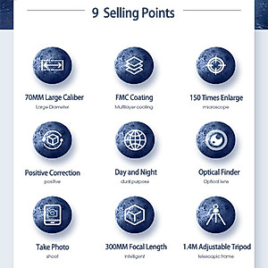 Jahy2Tech Telescope for Kids Adults Astronomy Beginners Professional Astronomical Refractor Telescope with 70mm Aperture and 300mm Focal Length,Adjustable Tripod Stand,Mobile Phone Holder(White)