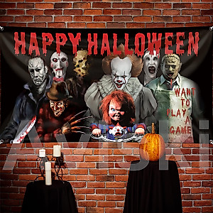 Horror Movie Classic Character Backdrop Banner, 78 × 43inch Halloween Party Background Large Backdrops Classic Movie Chainsaw Clown Horror Movie Supplies for Indoor Outdoor Photo Booth Props