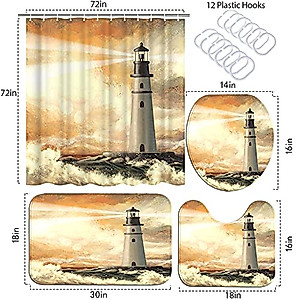 SiMiWOW Lighthouse Shower Curtain Set with Rugs,Nautical Ocean Lighthouse Rugs Bathroom Decor Sets