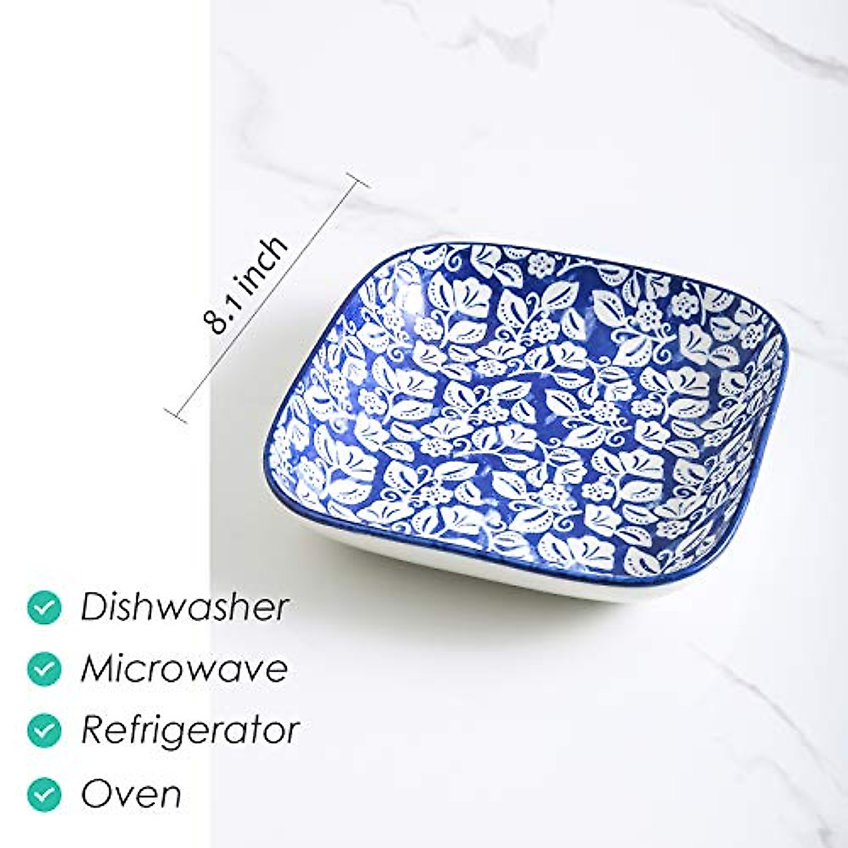 Selamica Porcelain 8-inch Square Dinner Plates, Salad Pasta Bowls, Set of 6, Vintage Blue