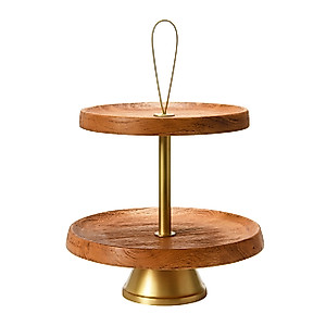 Creative Co-Op Elegant Modern 2, Cake Stand or Desert Serve Ware Tower, Natural & Gold Tiered Tray, Natural and Gold