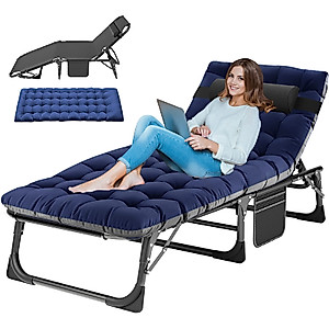 LILYPELLE Folding Outside Chaise Lounge Chair with Mattress, 5 Position Adjustable Patio Folding Lounge Chair Reclining Chairs Perfect for Sunbathing, Camping, Pool, Beach, Patio