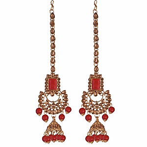 Steorra jewels Traditional Wedding Indian Bollywood Bridal Jewelry Set | Red Long Choker | Necklace, Earrings, Maang Tikka, Nath Paasa & Hath Phool in Faux Kundan Beads