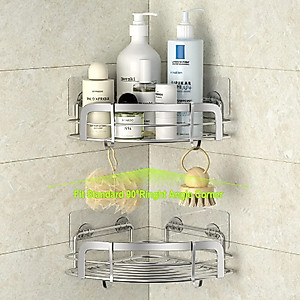 STEUGO Shower Caddy Corner, Bathroom Corner Shower Shelfs, Adhesive Wall Mounted Shower Caddy with 4 Movable Hooks, SUS304 Stainless Steel Bath Storage Shower Organizers, 2 Pack