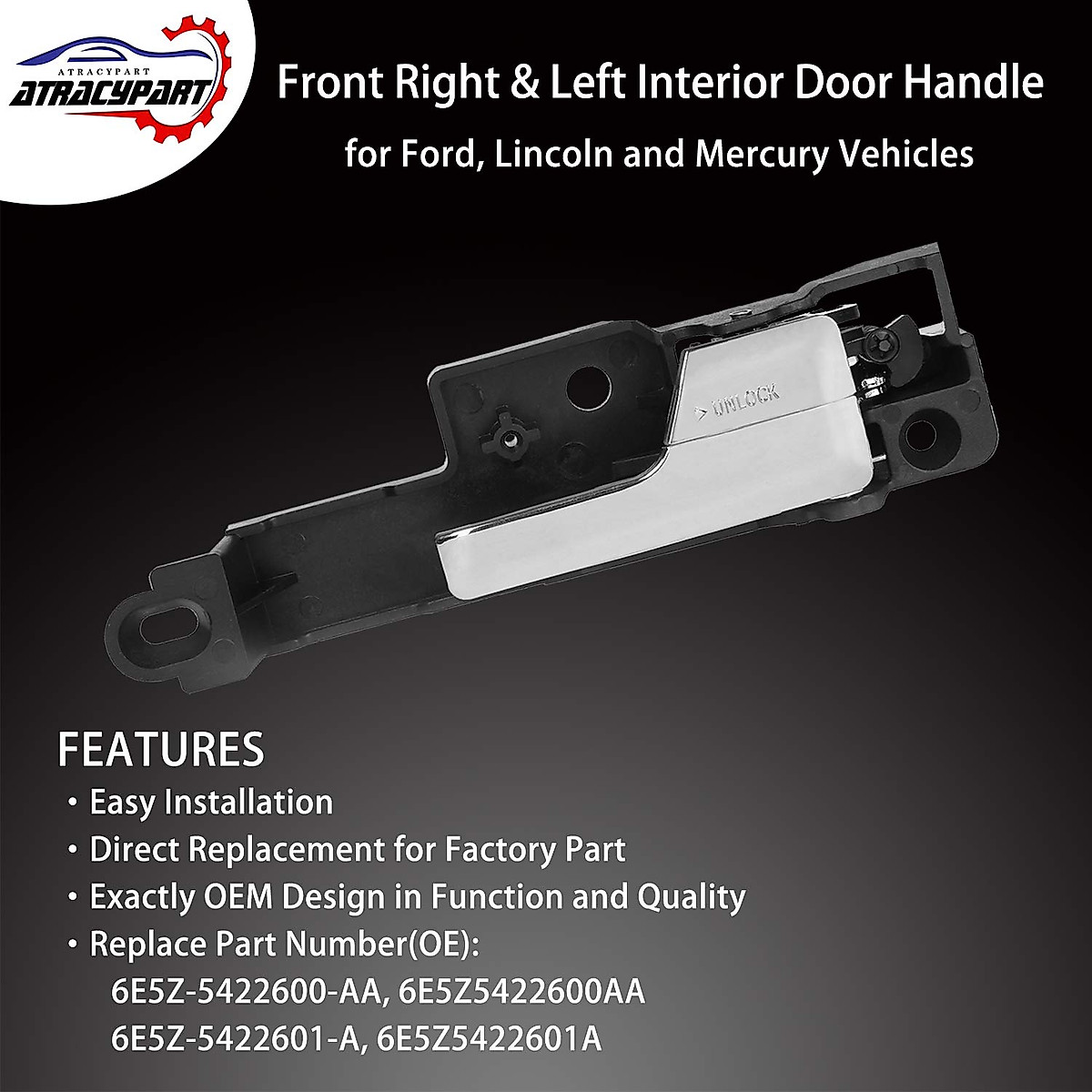 ATRACYPART Interior Door Handle 2 Pack Driver & Passenger Side - Compatible with 2006-2012 Ford Fusion 2006-2011 Mercury Milan 07-12 Lincoln MKZ 06 Zephyr - Replaces# 6E5Z-5422601-A, 6E5Z-5422600-AA