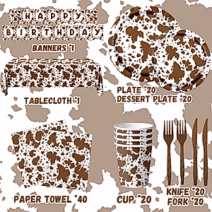 Highland Cow Decorations, 142Pcs Cow Print Plates and Napkins Party Supplies, Brown Cow Birthday Party Decorations Tableware Cups Tablecloth for Cow Baby Shower Farm Cowboy Theme Party