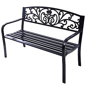 ReunionG 50" Patio Garden Bench Loveseats Park Yard Furniture Vintage Floral Garden Cast Iron Patio Porch Chair (Black Steel W/Floral Scroll Pattern)