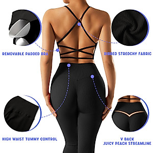 OMKAGI Women Ribbed Workout Sets Seamless Strappy Sport Bra Butt Lifting Leggings Outfits(S,04-Black)