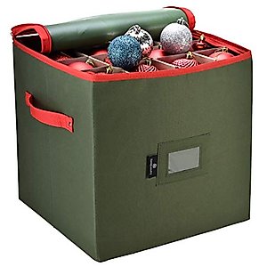 Christmas Ornament Storage - Stores up to 64 Holiday Ornaments, Adjustable Dividers, Covered Top, Two Handles. Attractive Storage Box Keeps Holiday Decorations Clean and Dry for Next Season. (Green)