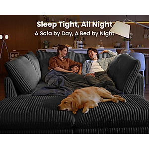 Cloud Oversized Modular Sofa, 160" Corduroy Wide Seat Sectional with Reversible Chaise, Shaped Couches Modern Comfy Fluffy Cushion Sleeper Sofa Bed with Convertible Ottoman for Living Room 6 Seater