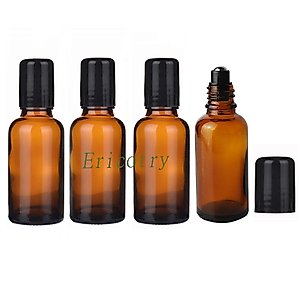 ericotry 4Pcs Brown Glass Roll-on Bottles Empty Refillable Glass Roller Bottles with Stainless Steel Roller Balls and Black Cap for Essential Oil Perfumes Lip Balms Attar Container size 30ml/1oz