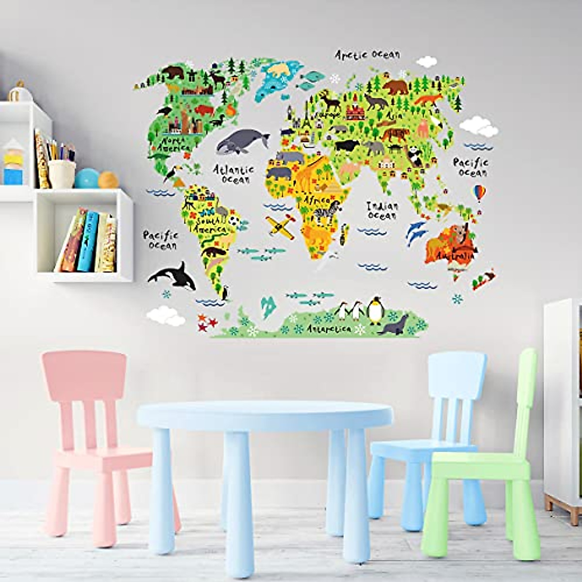 HomeEvolution Large Kids Educational Animal Landmarks World Map Peel & Stick Wall Decals Stickers Home Decor Art for Nursery