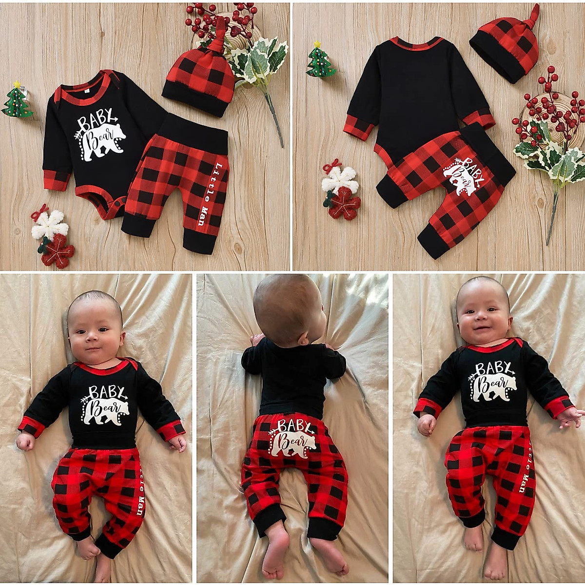 Preemie Newborn Baby Boy Christmas Clothes Buffalo Plaid Outfit Long Sleeve Baby Bear Romper Bodysuit + Long Red Tartan Pants + Xmas Red Plaid Hat 3Pcs Clothing Sets