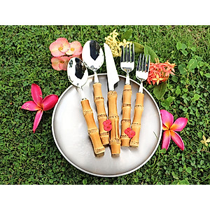 JUSTEMI Bamboo Silverware Set,Natural Bamboo Flatware,Bamboo Handle Cutlery and Utensil Set,18/8 304 Stainless Steel 1 set 5 PCS
