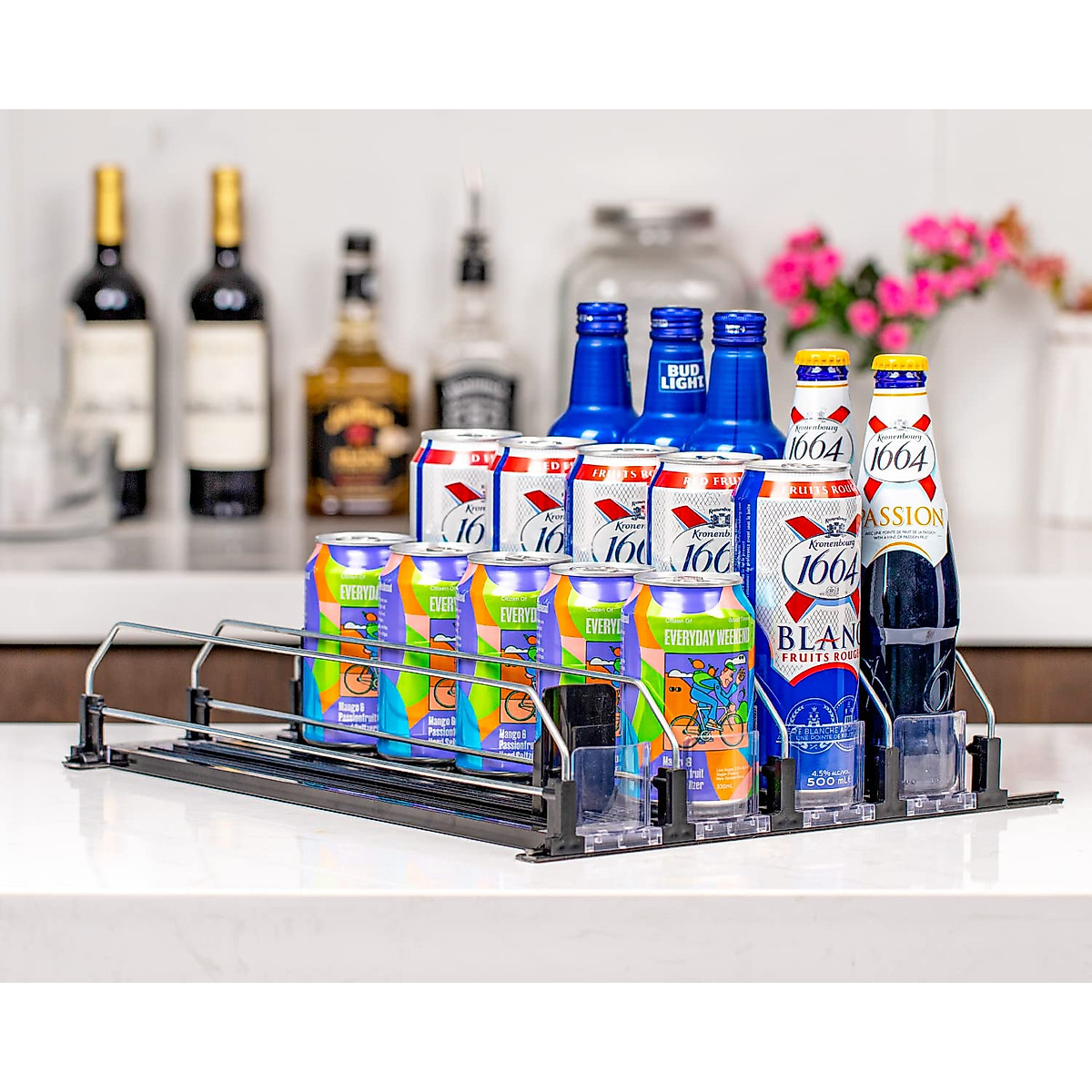 Drink Organizer for Fridge, Baraiser Self-Pushing Soda Can Organizer for Refrigerator, Pantry and More, Black 8 Rows