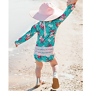 RuffleButts Baby Girls UPF 50+ Sun Protection Floral Printed Long Sleeve One Piece Rash Guard Swimsuit with Zipper - Fancy Me Floral, 2T