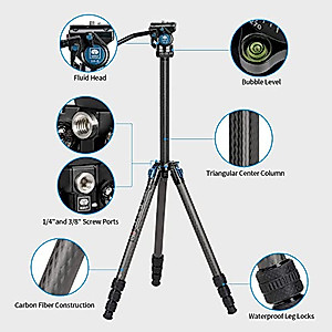 SIRUI ST-124+VA-5 Carbon Fiber Tripod with Fluid Video Head, Triangular Centre Column, Waterproof, Travel Tripod for Cameras, 4 Sections, 62.2inch, Load 6.61lbs