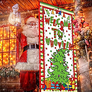 Whoville Christmas Door Cover for Christmas Party Decorations, Wellcome To Whoville Christmas Sign Backdrop Xmas Door Hanging Banner for Christmas Eve Holiday Party Supplies
