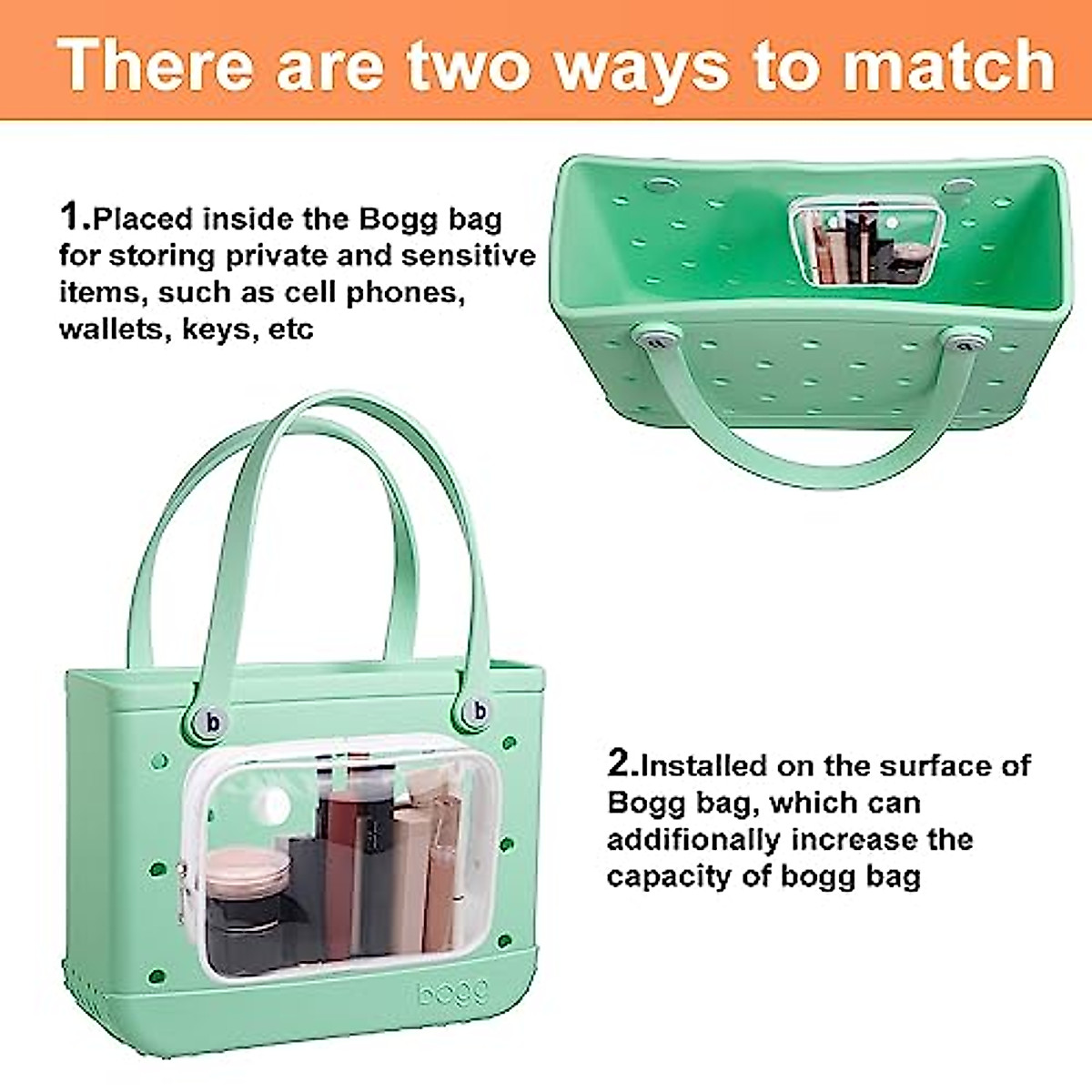 Everfunny 3 Packs Clear Bogg Beach Tote Bag with 2 Pack Insert Hooks Accessories for Bogg Bags Travel Makeup Clean Toiletry Brush Organizer Cosmetic Divider Storage Inner Pouch
