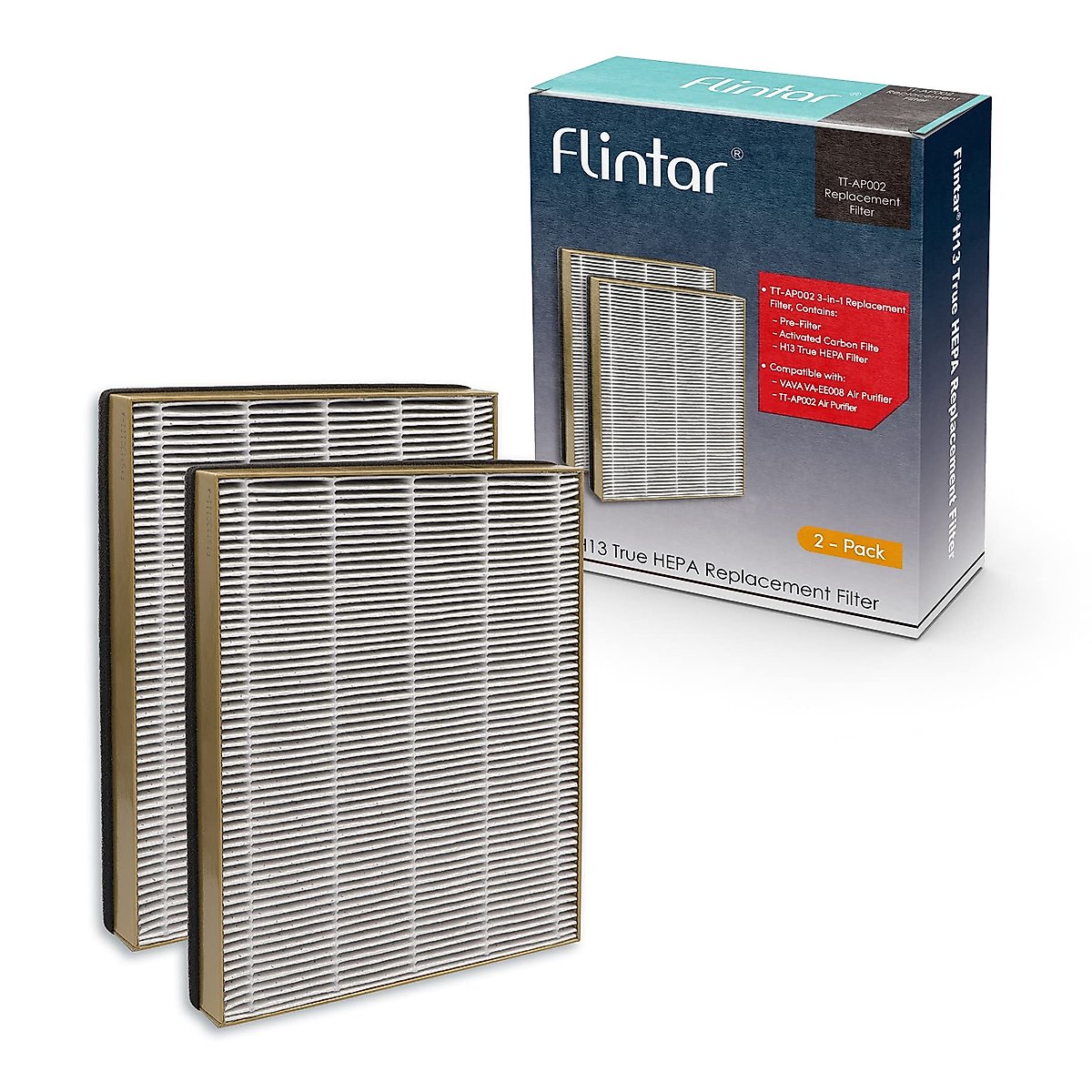 Flintar True HEPA Replacement Filter, Compatible with TaoTronics TT-AP002 Air Purifier and VAVA VA-EE008 Air Purifier, 3-in-1 Premium H13 Grade True HEPA Filter, 2-Pack (2)