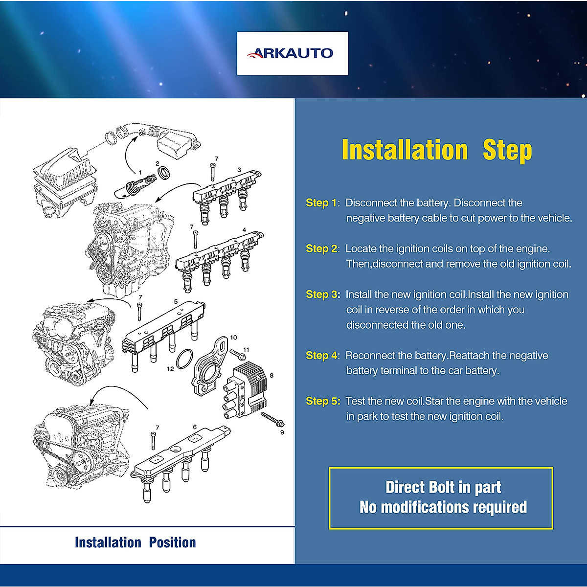 6PCS ARKAUTO IGNITION COIL ARK-IG502 UF502 04606869AB FOR Dodge Stratus Magnum Journey Grand Caravan Charger Challenger Avenger Chrysler Town & Country Sebring Cirrus 300 2.7 3.5 4.0 V6