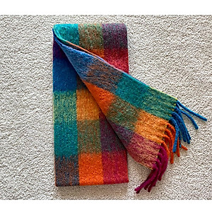 OUNIYA Large Chunky Plaid Scarf Checked Colorful Oversized Scarves Soft Big Cashmere Wool Thick Winter Warm Blanket Women (rainbow)