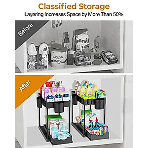 Stackable Under Sink Organizers and Storage - DILEASIR Upgraded 12in Heightened Sticks 2 Tier Under Sink Organizer with 4 Hanging Cups, 8 Dust Plugs, 8 Hooks, Multi-function Storage, Black, 2 Pack