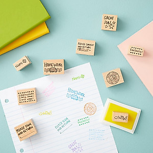 9 Piece Set of Wooden Rubber Teacher Stamps - Classroom Supplies for Grading Homework (Assorted Sizes)