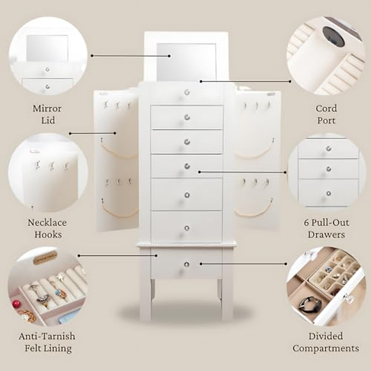 Alveare Home Helena Standing Jewelry Armoire – Elegant Storage with 6 Drawers, Jewel Knobs, Mirror, Ring Rolls, Necklace Hooks & Cord Management – White Finish