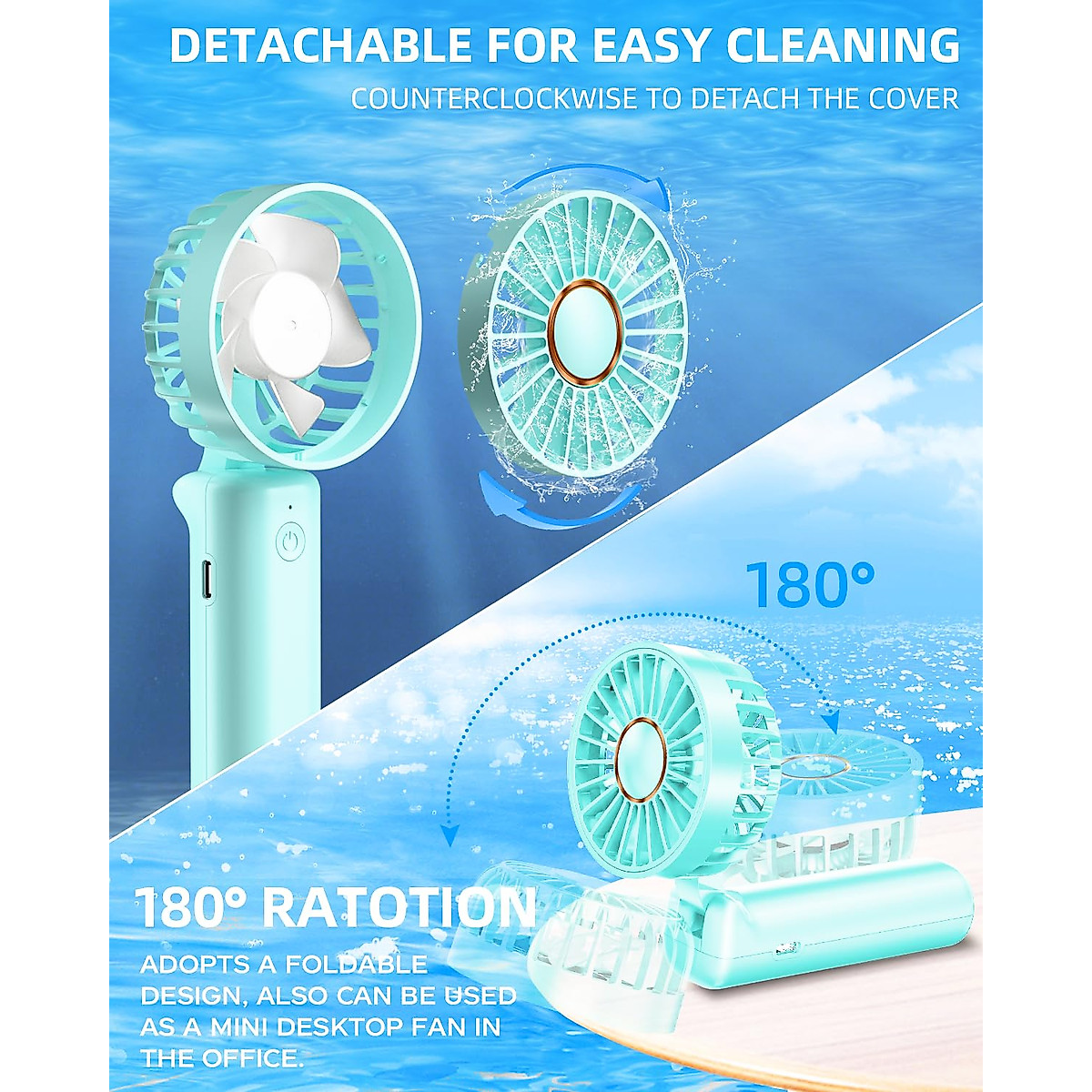 Hssio Portable Handheld Fan, Mini Desk Fan Foldable 2000mAh, 180° Ratotion, 3 Speeds, Ultra Quite, Up to 8H Long Use Time, Small Personal Cooling Fans Makeup Eyelash Fan, Black+Light Blue