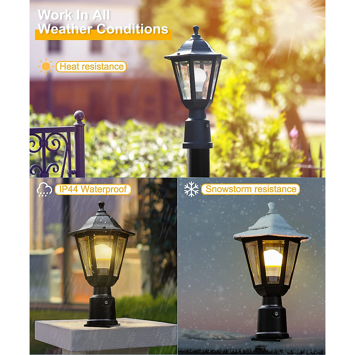 FUDESY Dusk to Dawn Sensor Outdoor Post Light, Waterproof Pole Lantern with Pier Mount Base, Exterior Plastic Lamp Light Fixture, for Garden, Patio, Pathway, FDS6163B1PS, Black, LED Bulb Included