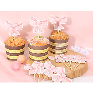 12Pcs Pink Bow Cupcake Toppers - Girls Birthday Party Decorations,Bow Tie Birthday Cupcake Toppers,Bachelorette Wedding Party Decorations,Pink Bow Girl Cake Smash Photo Props