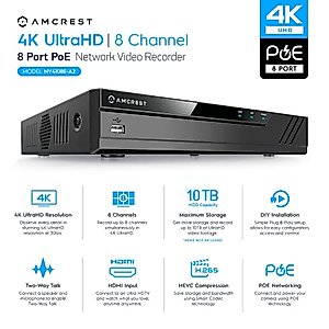 Amcrest NV4108E-A2 4K 8CH POE NVR (1080p/3MP/4MP/5MP/8MP) POE Network Video Recorder - Supports up to 8 x 8MP/4K IP Cameras, 8-Channel Power Over Ethernet Supports up to 10TB HDD (Not Included)