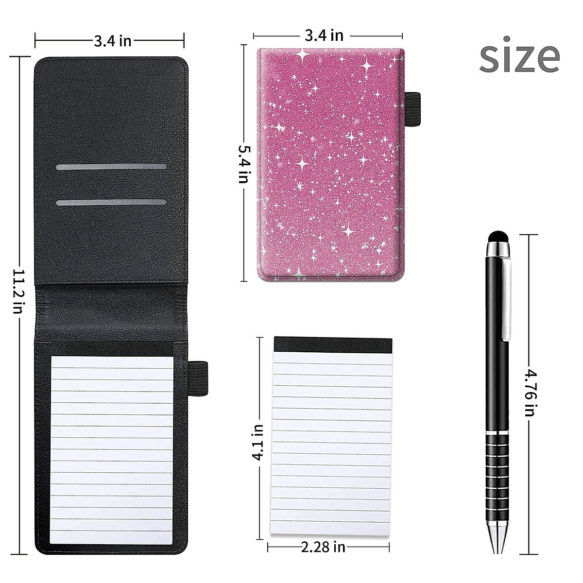 RYUITHDJP Small Memo Pad Notepad with Bling Theme, Mini Pocket Notepad Holder + 1 Pen + 2 Pieces Memo Book Refills 30 Lined Paper Note Pad