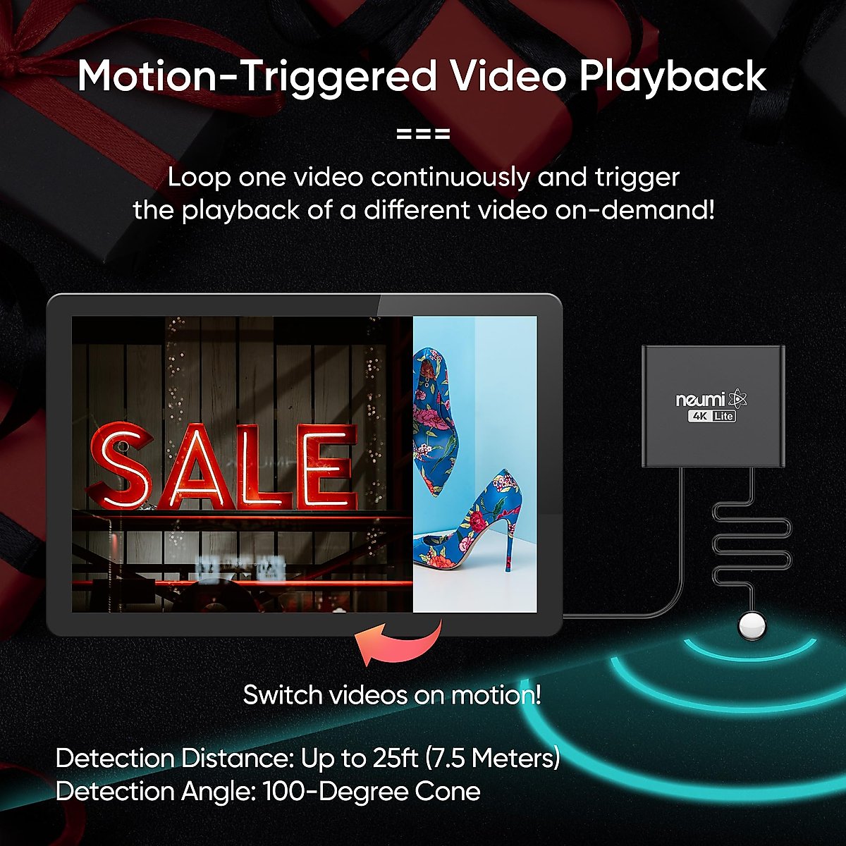 NEUMI Atom 4K Lite Ultra-HD Digital Media Player with Motion Sensor and Push Button Trigger Bundle, Plays 4K/UHD Videos from USB Drives and SD Cards, HEVC/H.265, HDMI, Automatic Playback and Looping