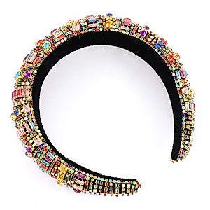 Rhinestone Headbands for Women Bling Jewelled Rainbow Crystal Beaded Padded Headband Baroque Bedazzled Hairband Fashion Velvet Wide Hair Hoop Accessorires For Wedding Party (Bar rhinestone headband)