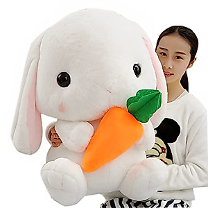 HOUPU Soft Toy - Sitting Lop Eared Rabbit, Easter White Rabbit Stuffed Bunny Animal with Carrot Soft Lovely Realistic Long-Eared Standing Pink Plush Toys (White-Carrot,8.6in/22cm)
