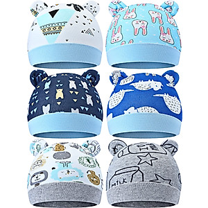 6 Pieces Newborn Baby Hat Bear Ears Infant Caps Baby Boy Girl Toddler Hats Infant Beanie Caps for 0-3 Months (Gray, Blue, White, Dark Blue,Cool)