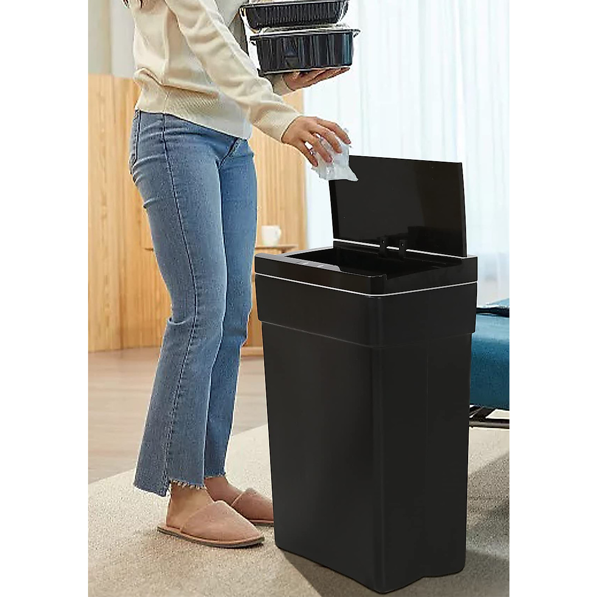 BIQWBIC 50 Liter Kitchen Trash Can with Lid, Automatic Trash Can Touchless Trash Can, 13 Gallon Garbage Can Plastic Trash Can Motion Sensor Trash Can for Kitchen Bedroom Office Bathroom, Black