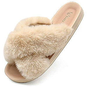KuaiLu Womens furry ladies slides Open Toe Slippers cozy Lightweight Soft Yoga Mat Cross Band Slippers fluffy warm Slippers