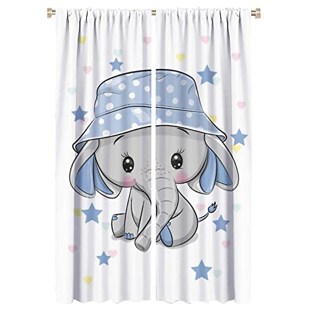Denruny Cartoon Cute Elephant Curtain Nursery Baby Elephant with Blue Hat Windows Drapes for Nursery Room Kids Room Gifts for Boys and Girls Rod Pocket 2 Panels 63L x 21W