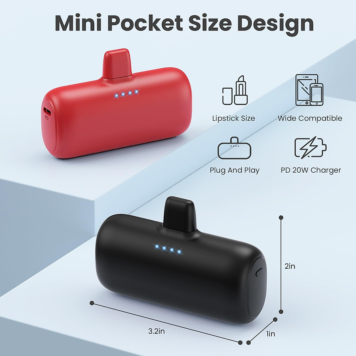 [2-Pack] Mini Portable Charger for iPhone,5200mAh Ultra Compact PD Fast Charging Power Bank,Plug-in Battery Pack Travel Cordless Phone Charger,Compatible with iPhone 14/14Pro/13/12/11/X/8/7/6plus etc