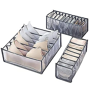 Underwear Storage Organizers, 3 Set Storage and Drawers for Bra,Socks and Underwear, 6+7+11 Grid Bathroom Storage Containers, Gray