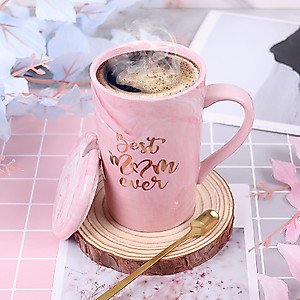 WeBingo Mom Coffee Mug, Best Mom Ever Mug, 16 Oz Coffee Cup With Exquisite Box Packing Spoon, Pink Ceramic Marble Mothers Funny Ideas Mug, Pregnancy Birthday Valentine Christmas Gift